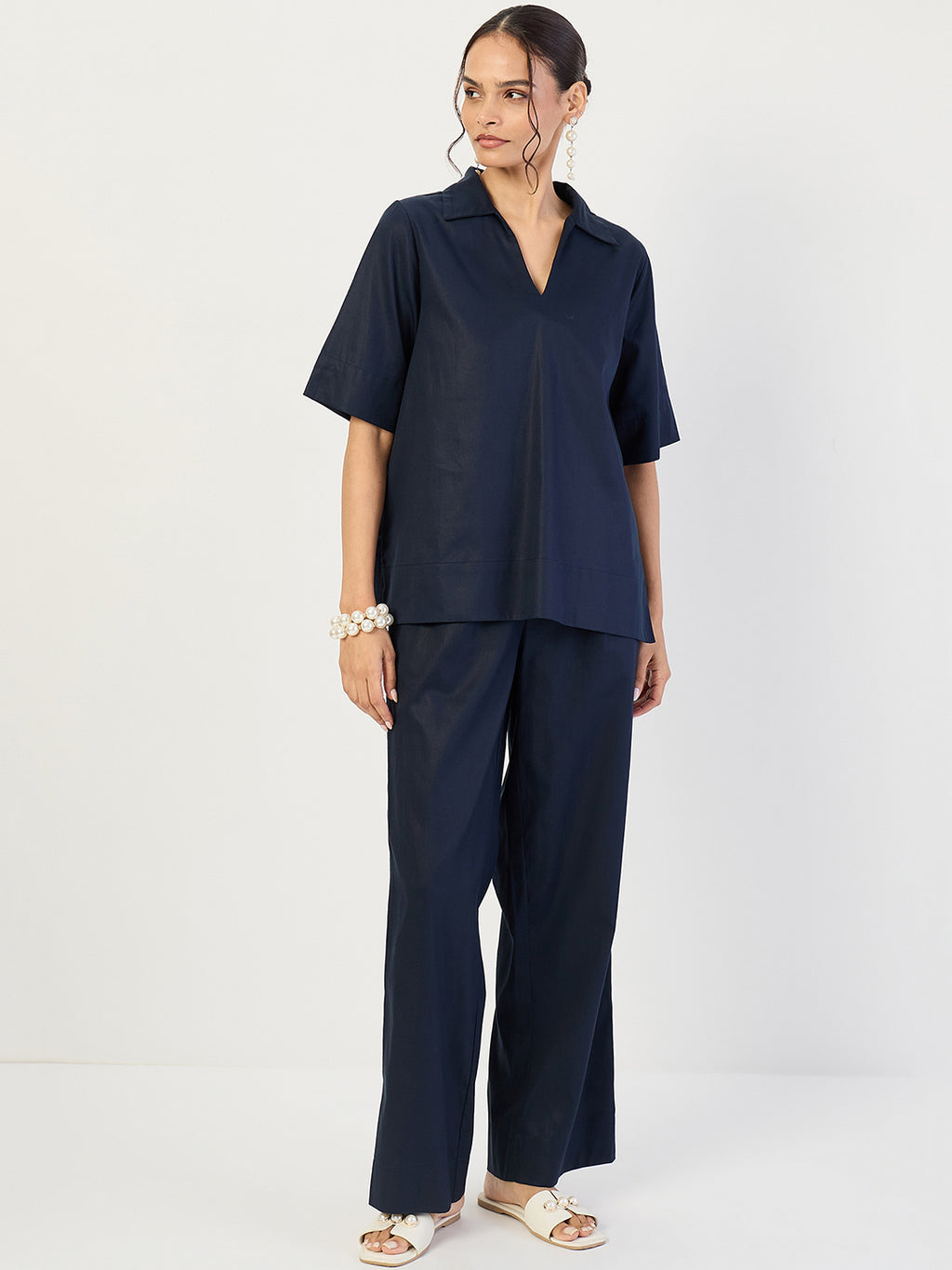 Navy Cotton Pin Tuck Detail Co-Ord Set