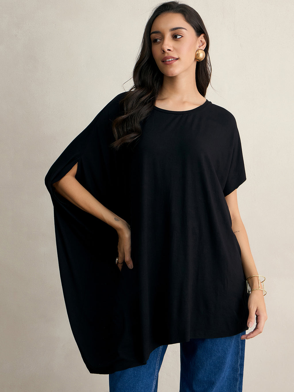 Bamboo Black Knit Oversize Asymmetrical Top