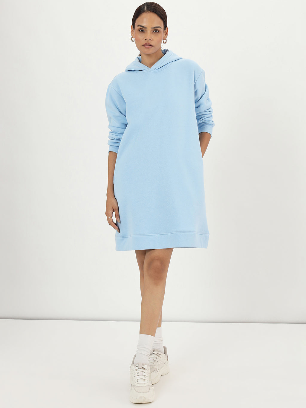 Femmella Powder Blue Fleece Hooded Sweatshirt Dress